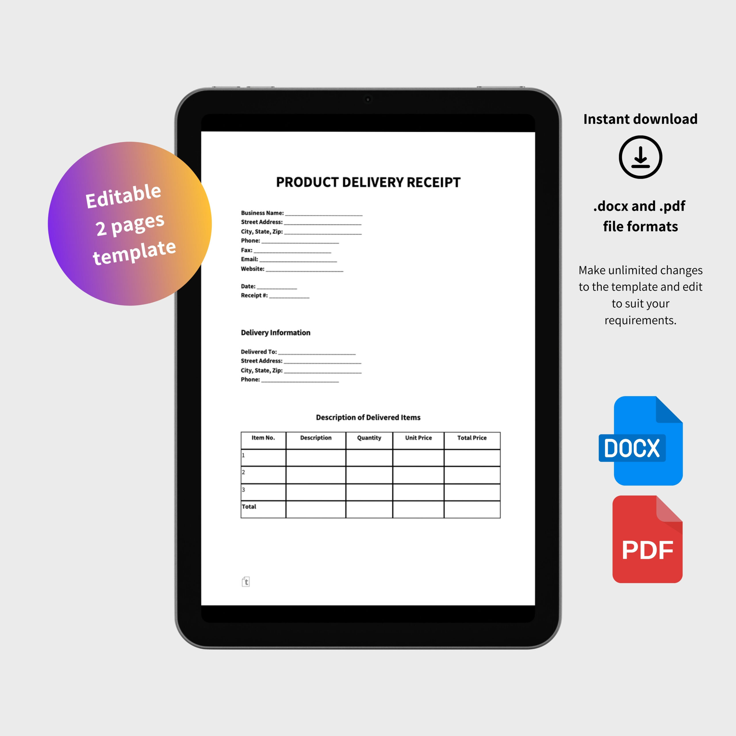 Product Delivery Receipt Template, Attorney-Written, Editable Instant ...